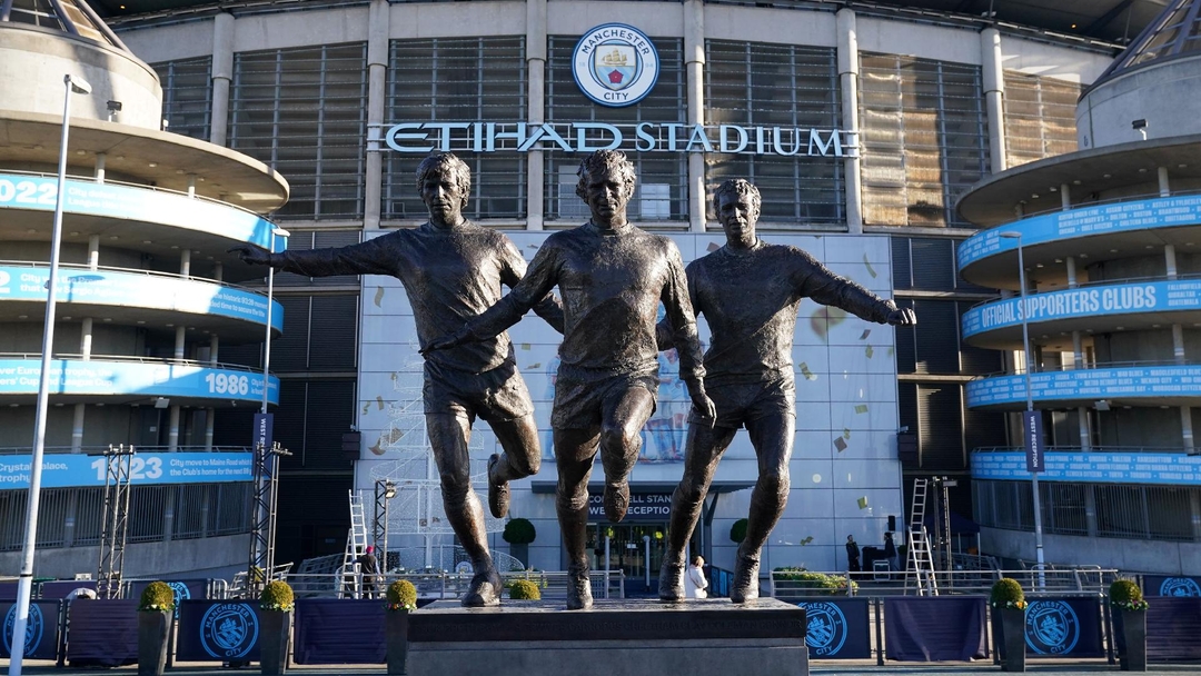 Man City unveil statue of club greats Mike Summerbee, Colin Bell and ...